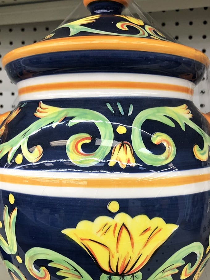 This vibrant ceramic vessel isn't just decorative—it's someone's vacation in Spain that never happened, now waiting for your kitchen counter.