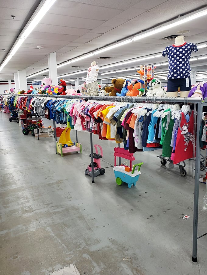 The children's section—a rainbow of tiny fashions where today's outgrown outfit becomes tomorrow's hand-me-down treasure.