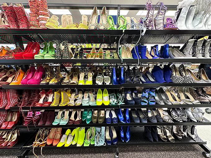 A rainbow of heels, flats, and everything in between—enough footwear options to make Imelda Marcos nod in approval.