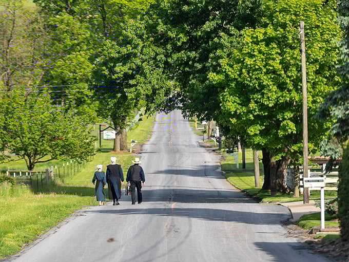The original social network: three Amish pedestrians sharing news the old-fashioned way—face to face, one step at a time.