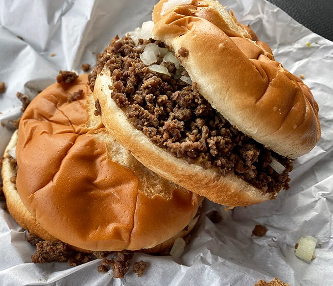 The famous Maid-Rite sandwich in all its crumbly glory – like a hamburger that decided conformity was overrated.