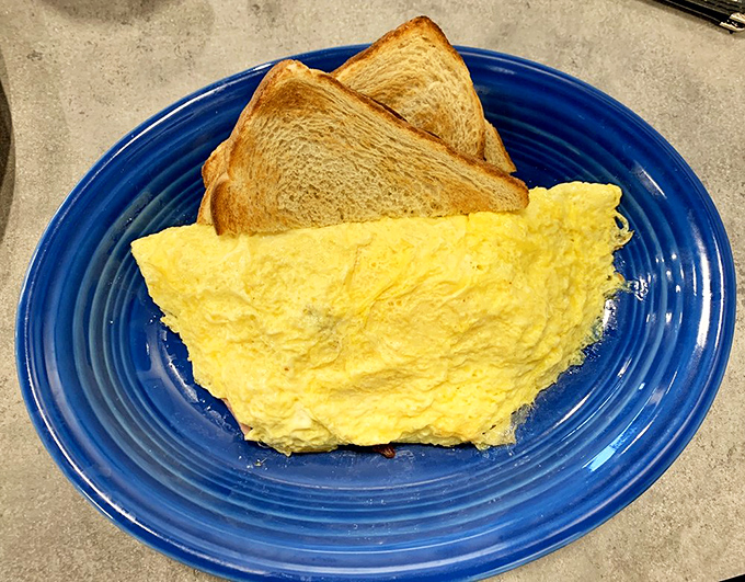 Behold the breakfast of champions – a fluffy omelet alongside perfectly toasted bread. Simple pleasures executed with the precision of a culinary Olympic event.