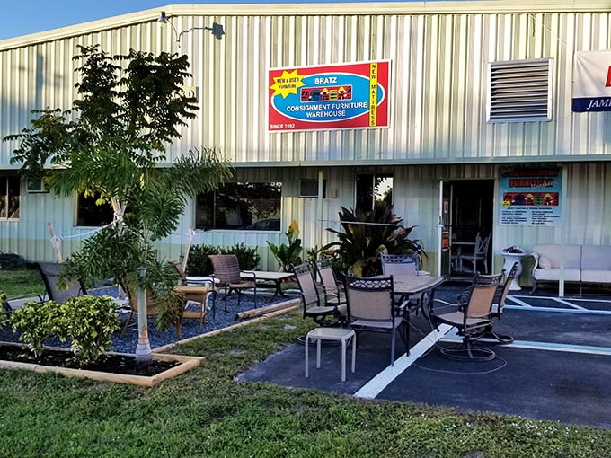 Even the outdoor display area gets into the Florida spirit, with patio furniture arranged under palm trees—because in the Sunshine State, shopping is also a tropical experience.