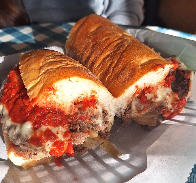 This meatball sandwich isn't just food—it's edible architecture, with layers of savory meatballs, tangy sauce, and cheese that stretches for days.