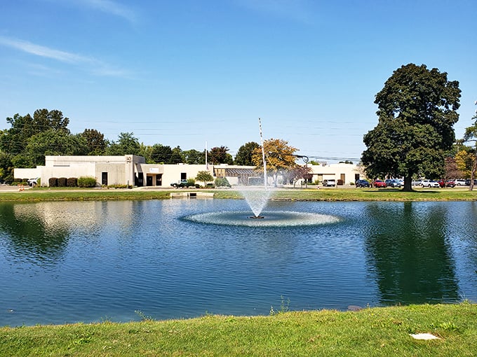 Not just any pond—this is the castle's reflecting pool, where even the fountain seems to stand a little taller in such regal surroundings.