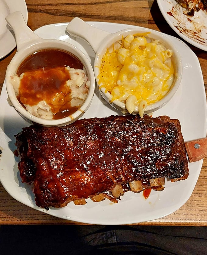 BBQ ribs with sides of mac and cheese and mashed potatoes. The holy trinity of comfort food that makes your cardiologist weep.