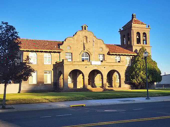 This Spanish-style building isn't compensating for anything—it's genuinely grand. Small town, big architectural ambitions!