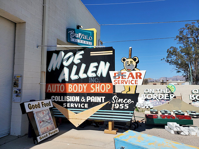 The Moe Allen Auto Body Shop sign reminds us of an era when businesses didn't just advertise—they announced themselves with personality and flair.