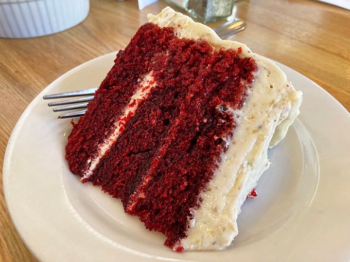 Red velvet cake so vibrant and moist it makes you wonder if other cakes are just phoning it in by comparison.