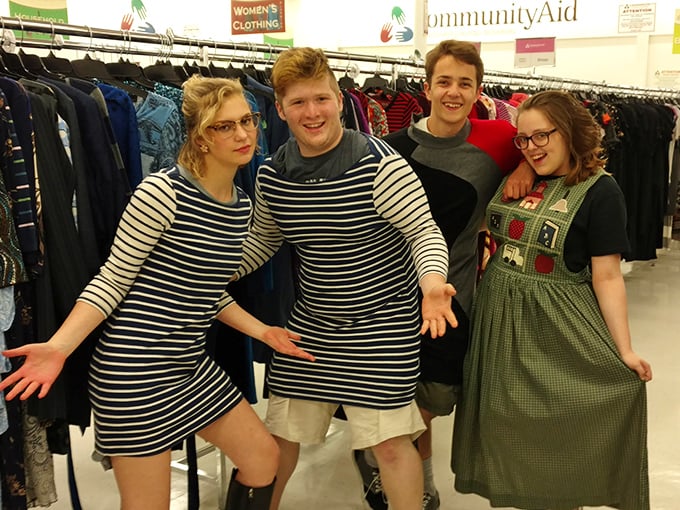 Young treasure hunters strike gold in matching stripes – proof that thrift store magic works for every generation.