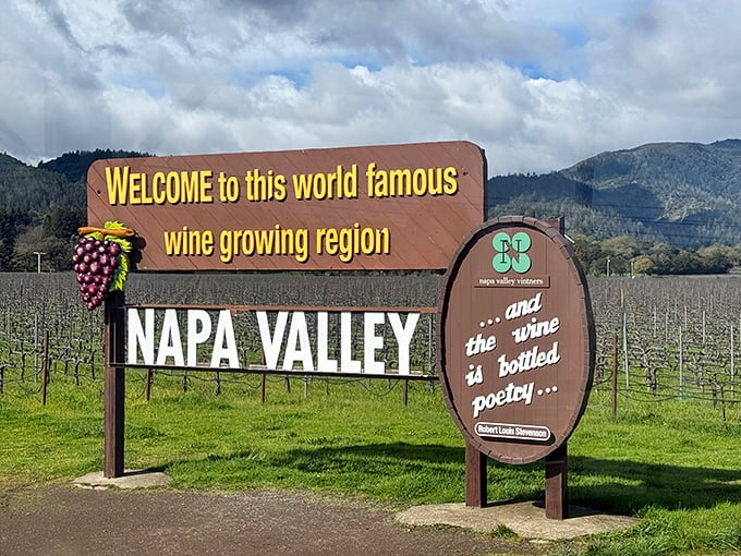 "Welcome to Napa Valley"—where the wine is bottled poetry and the scenery makes even non-photographers reach for their phones.