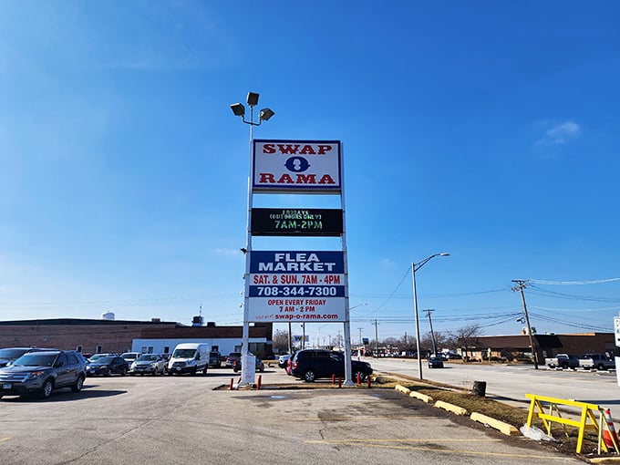 The roadside sign announces Swap-O-Rama's presence against the Illinois sky—a beacon for bargain hunters since long before online shopping existed.