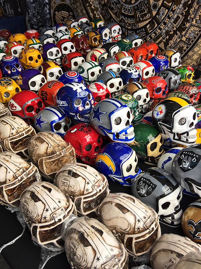 Sports team loyalty meets Día de los Muertos artistry. These colorful skull creations prove that fandom and folk art make surprisingly perfect teammates.
