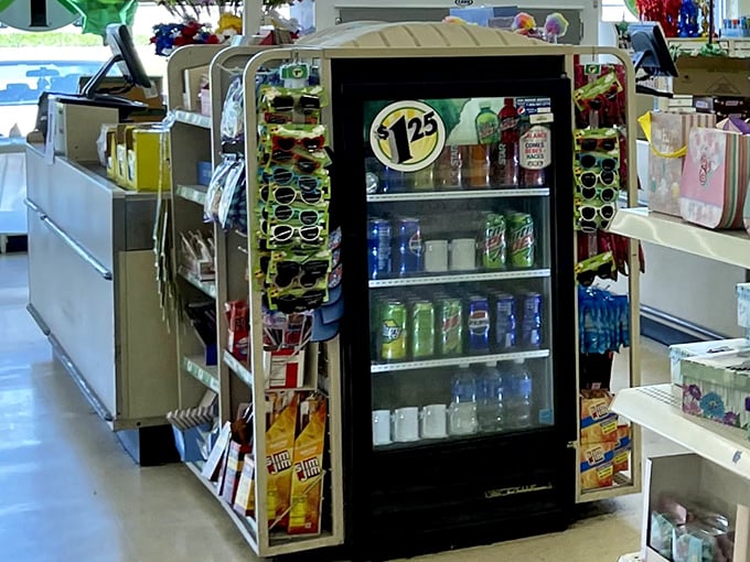The refrigerated section offers cold comfort to parched shoppers—a pit stop before diving back into the treasure hunt.