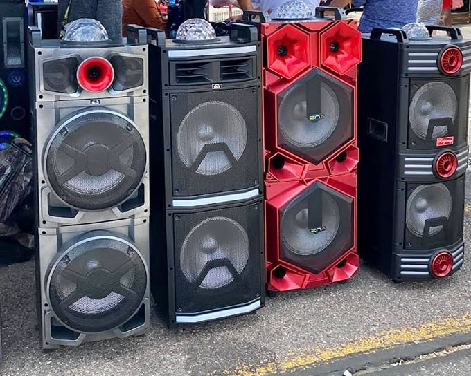 Bass so powerful it might rearrange your furniture! These towering speaker systems await their next gig—perhaps at your neighbor's too-loud backyard party.