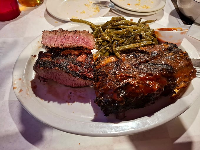 This isn't just a steak – it's a masterpiece of meat with a perfect char that whispers sweet nothings to your taste buds. The green beans are just there for moral support.