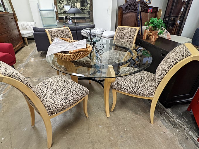 Not just furniture—entire lifestyle vignettes. This leopard print dining set is waiting for someone brave enough to host a fabulous dinner party.