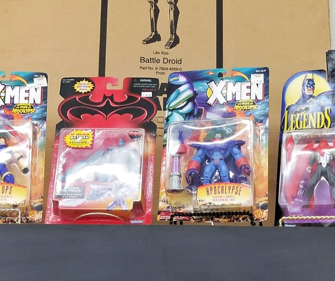Vintage action figures that survived childhood battles now stand guard in their original packaging—nostalgia that doesn't require batteries.
