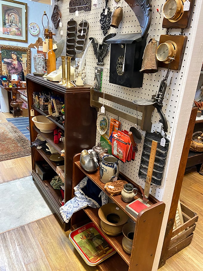 This pegboard wall is like a hardware store curated by a time traveler – tools whose purposes have been forgotten by most modern hands.