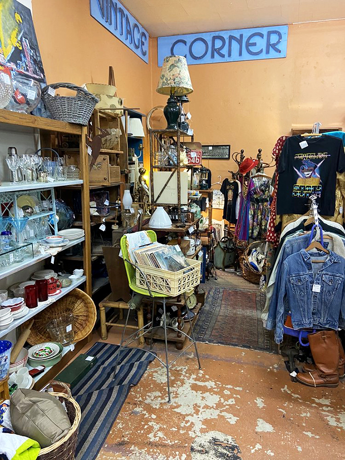 The "Vintage Corner" isn't just a section—it's a lifestyle statement where denim jackets, glassware, and nostalgia collide in perfect harmony.