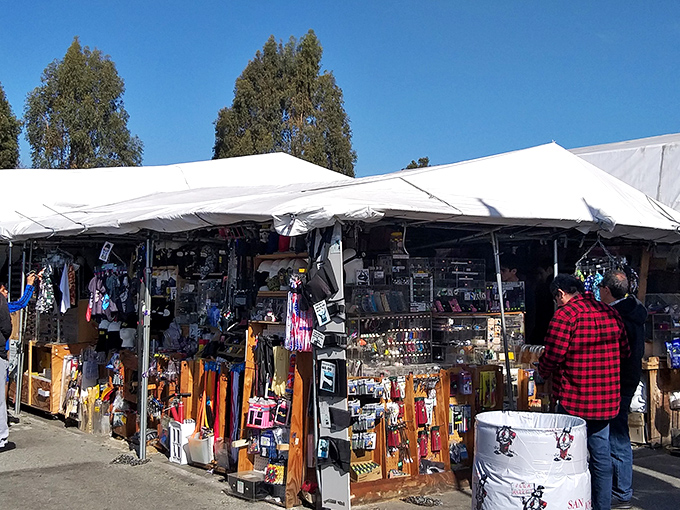 A vendor's stall bursting with merchandise that would make Marie Kondo hyperventilate—proof that one person's "too much stuff" is another's retail paradise.