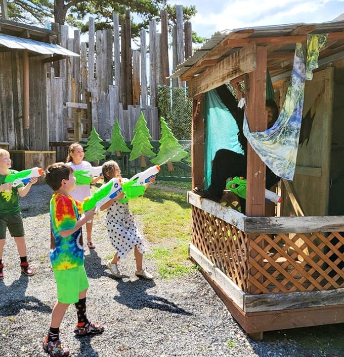 Young adventurers armed with water guns face off against hidden creatures – childhood imagination meets bizarre alternate history.