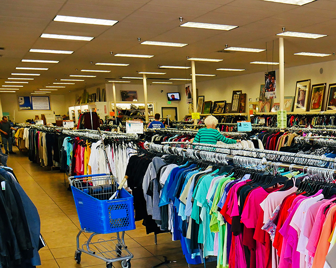 A rainbow of possibilities hangs on racks stretching toward the horizon. The clothing section is where patient shoppers find designer labels hiding in plain sight.