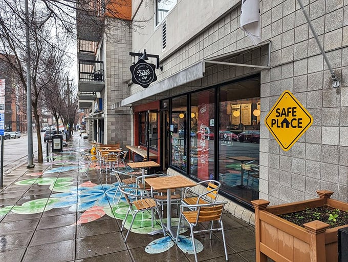 Downtown Raleigh's colorful sidewalk art hints at the creative comfort food waiting inside.
