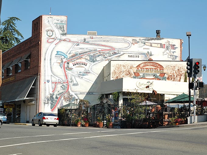 History painted large enough to navigate by! Auburn's brick canvas tells stories that GPS can't—where trains once rumbled and gold fever burned hot.