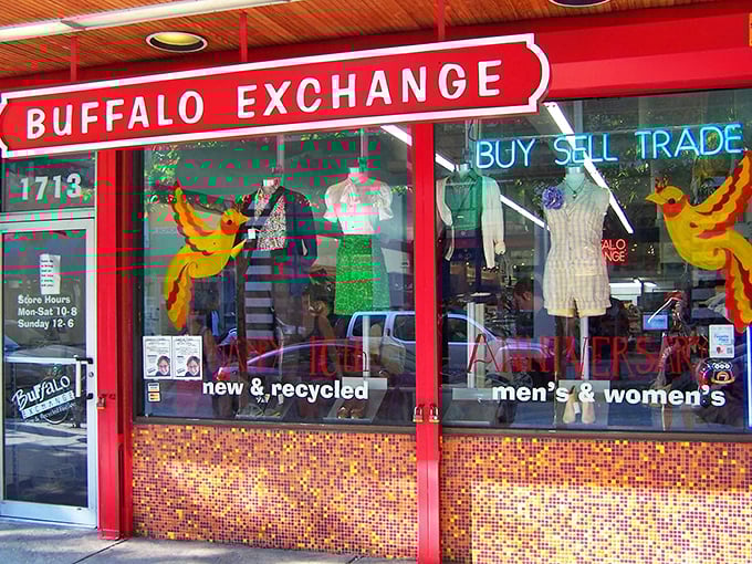 Buffalo Exchange's vibrant storefront pops like a wearable art gallery. Those yellow birds in the window seem to chirp, "Come find your style!"