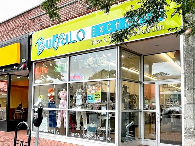 Buffalo Exchange's vibrant storefront pops against Somerville's brick backdrop – fashion recycling at its trendiest!