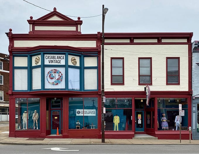 Casablanca Vintage's historic storefront looks like it belongs in a Wes Anderson film—quirky, colorful, and full of character.