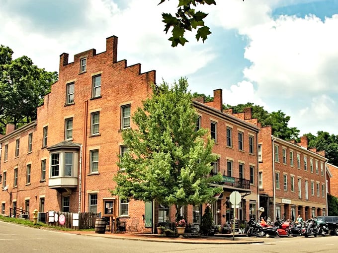 Coshocton's riverside brick buildings create the kind of postcard scene that makes hearts feel happy.