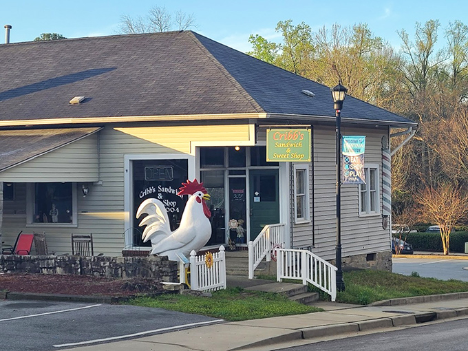That magnificent rooster stands guard over sandwich treasures and sweet delights – a beacon for hungry souls seeking satisfaction.