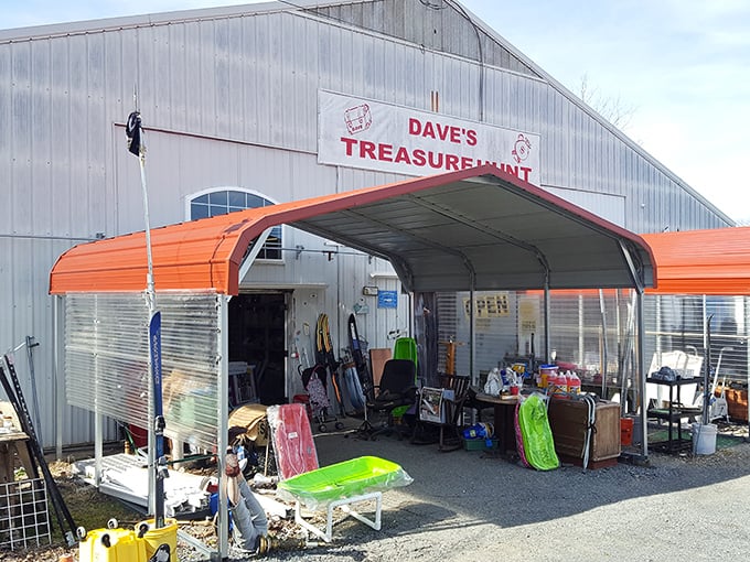 The covered outdoor area overflows with treasures like a garage sale that never ends, rain or shine.