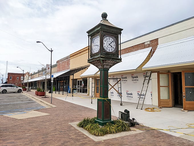 The historic clock in DeFuniak Springs stands proudly downtown, marking time in this charming Victorian-era hidden gem.