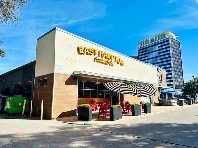 Clean lines and red chairs signal this Dallas spot elevates sandwiches to art.