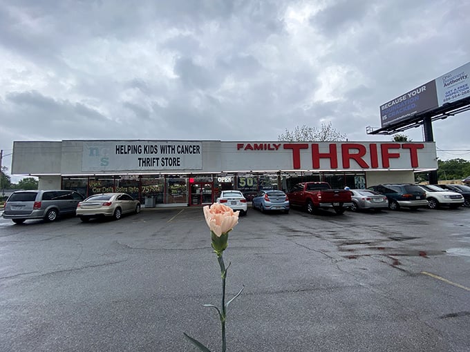 Family Thrift's straightforward signage and mission statement – helping kids with cancer – reminds us shopping here does double duty.