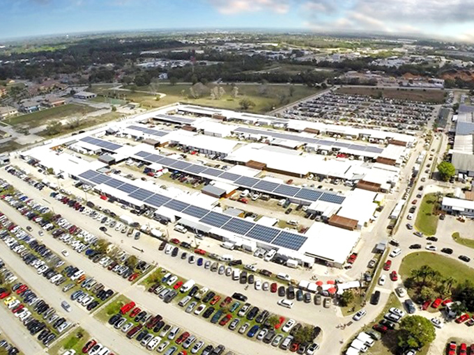 An aerial view reveals the massive scale of Fleamasters, a shopper’s paradise with endless rows of vendors waiting to be explored.