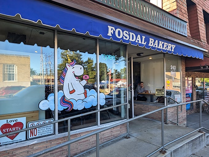 Fosdal's whimsical unicorn window art hints at the magical pastry experience waiting inside this Stoughton institution.
