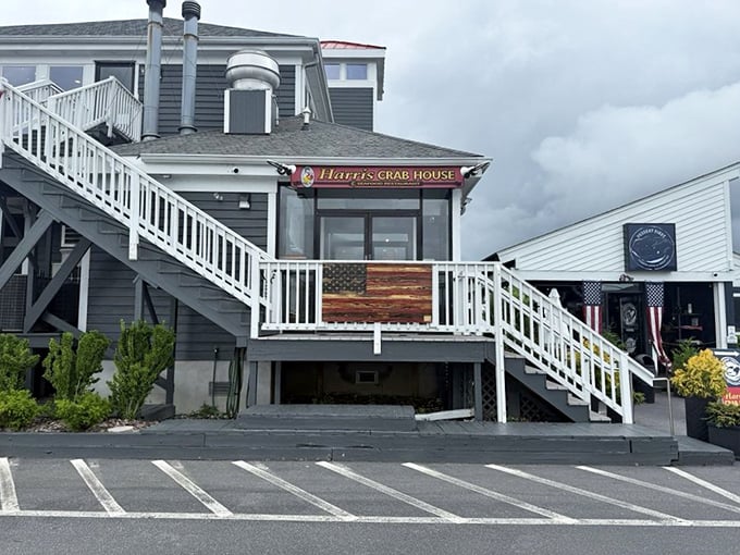 Weathered wood and water views create the perfect backdrop for serious crab picking sessions.