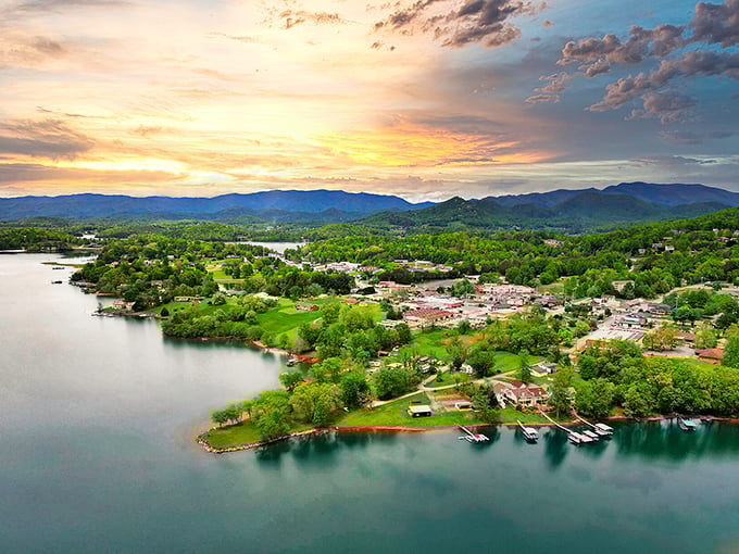 Hiawassee's panoramic view showcases why lakefront living here doesn't require a celebrity's bank account. Water, mountains, and affordability—the trifecta!
