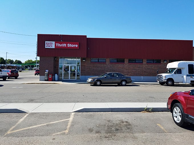 Idaho Youth Ranch Meridian's bold red exterior stands ready for bargain hunters—a thrifting landmark that means business.