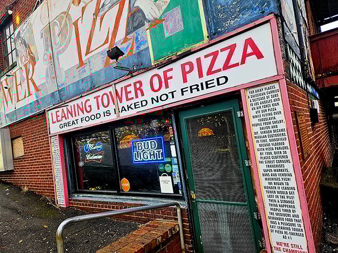 "Great food is baked not fried" – words to live by at this quirky landmark. The Leaning Tower's colorful mural is as iconic as their pies.