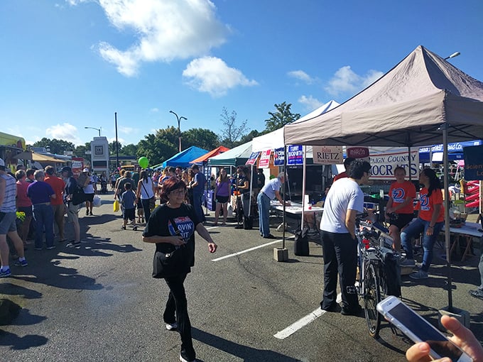 Tents and sunshine create the perfect backdrop for Urbana's community gathering of vendors and visitors.