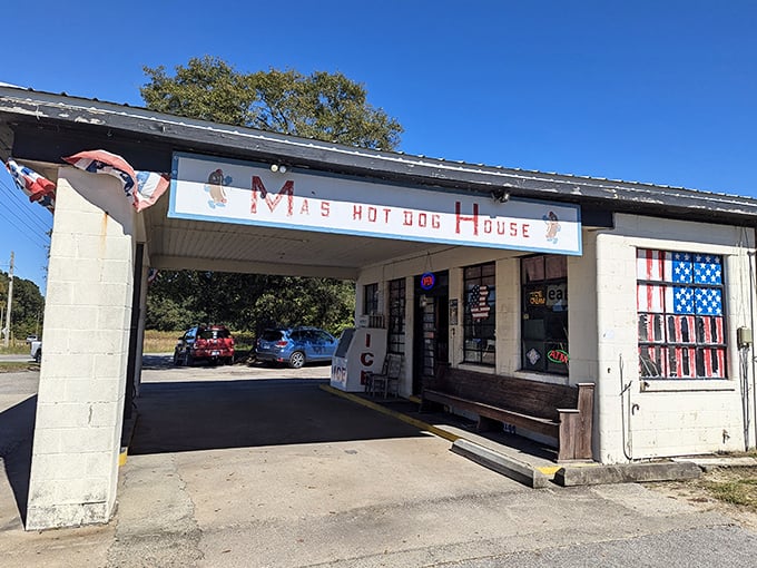 Ma's Hot Dog House looks like it might have pumped gas in a previous life. Now it pumps out deliciousness under that nostalgic blue sign.