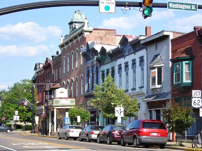 Millersburg's main thoroughfare invites leisurely strolls past brick storefronts where shopkeepers still know customers by name.