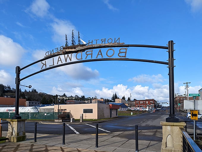 North Bend’s boardwalk entrance welcomes visitors with its small-town charm and a hint of maritime spirit.