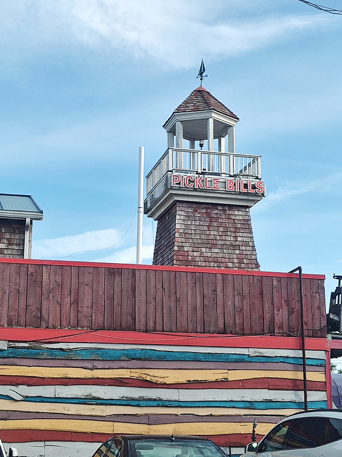Nautical whimsy at its finest! Pickle Bill's lighthouse tower stands like a beacon for seafood lovers lost in the Ohio mainland.