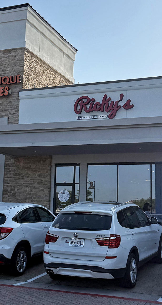 Ricky's Hot Chicken storefront: Nashville heat meets Texas hospitality—a combination that'll have you sweating with joy.